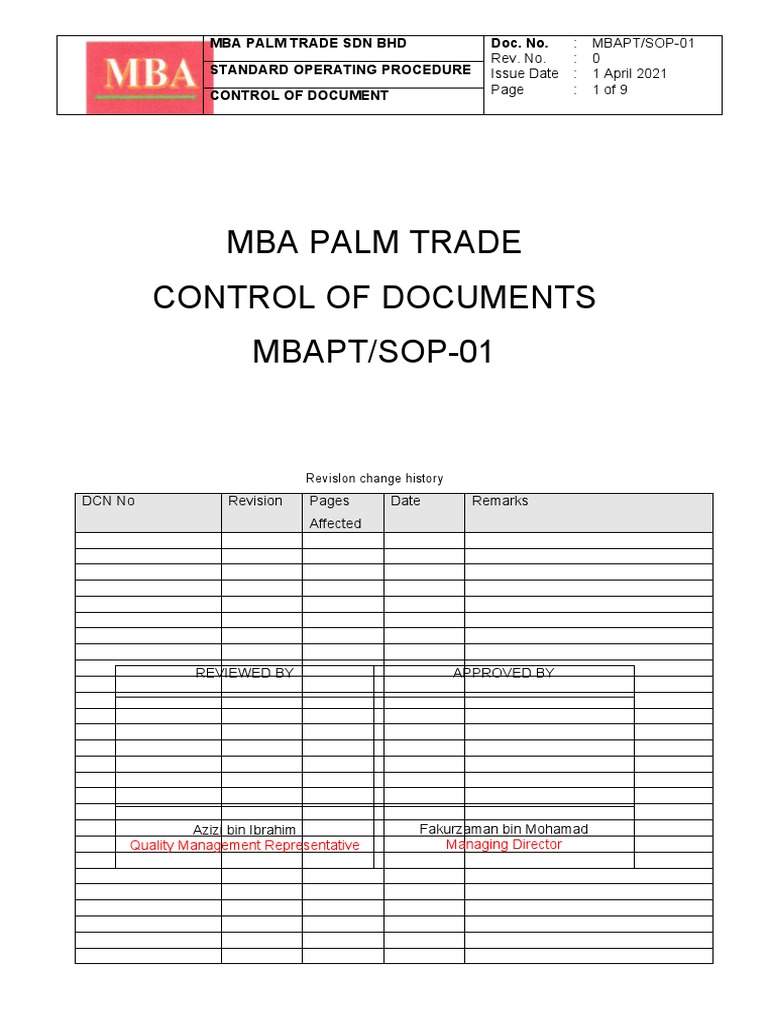 SOP01 - Control of Document Procedure | PDF | Quality Management | Business