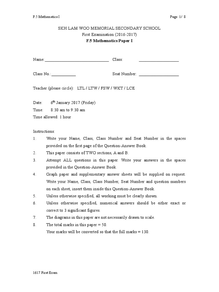 F.5 Mathematics Exam Paper 2017 | PDF | Standard Deviation | Teaching ...