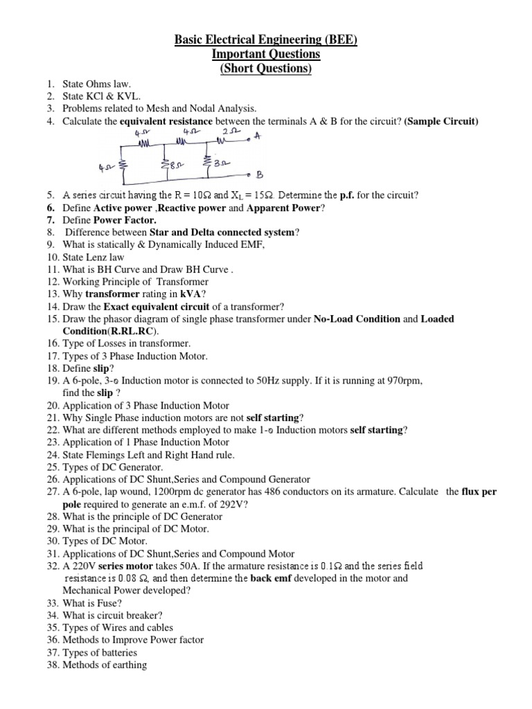 BEE Important Questions | PDF | Electrical Impedance | Electromagnetic Induction