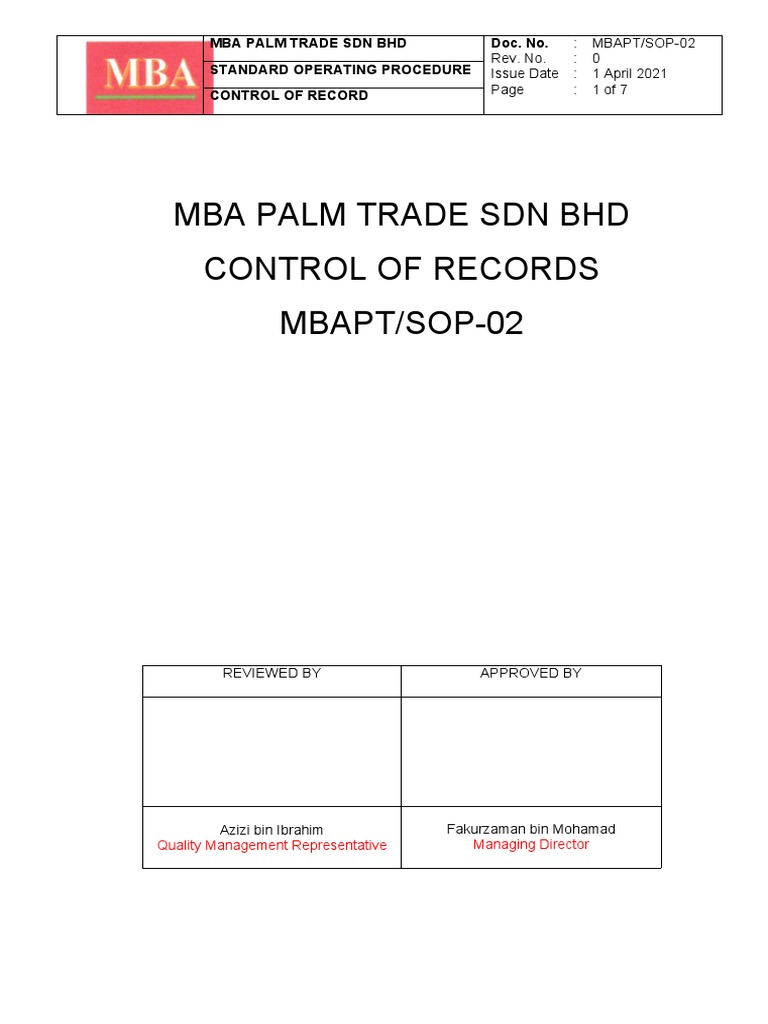 SOP02-Control of Quality Records | PDF | Quality Management | Business