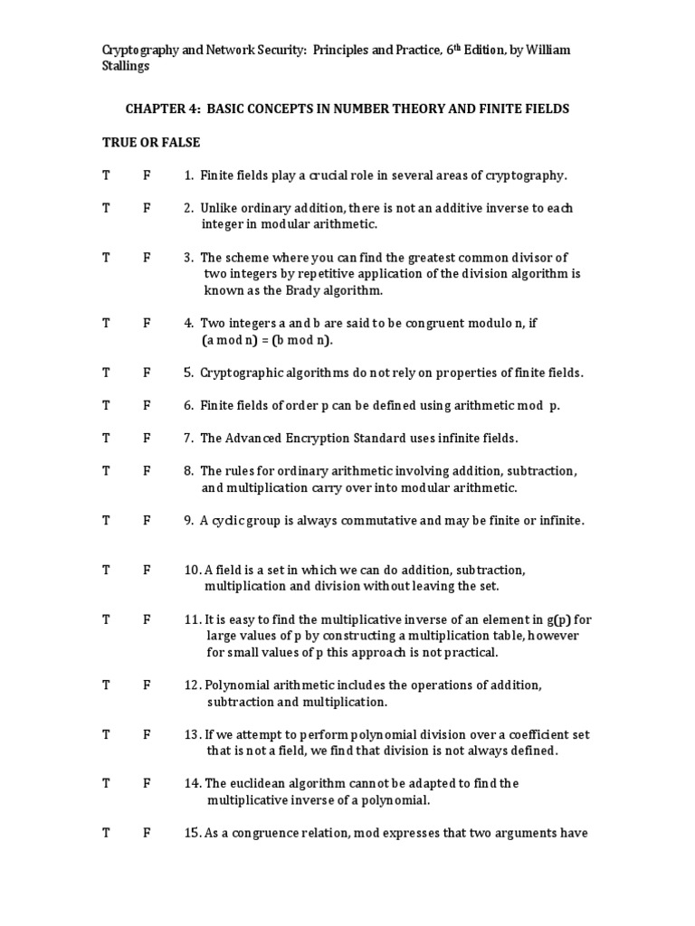 Chapter 4: Basic Concepts in Number Theory and Finite Fields True or False | PDF | Polynomial ...