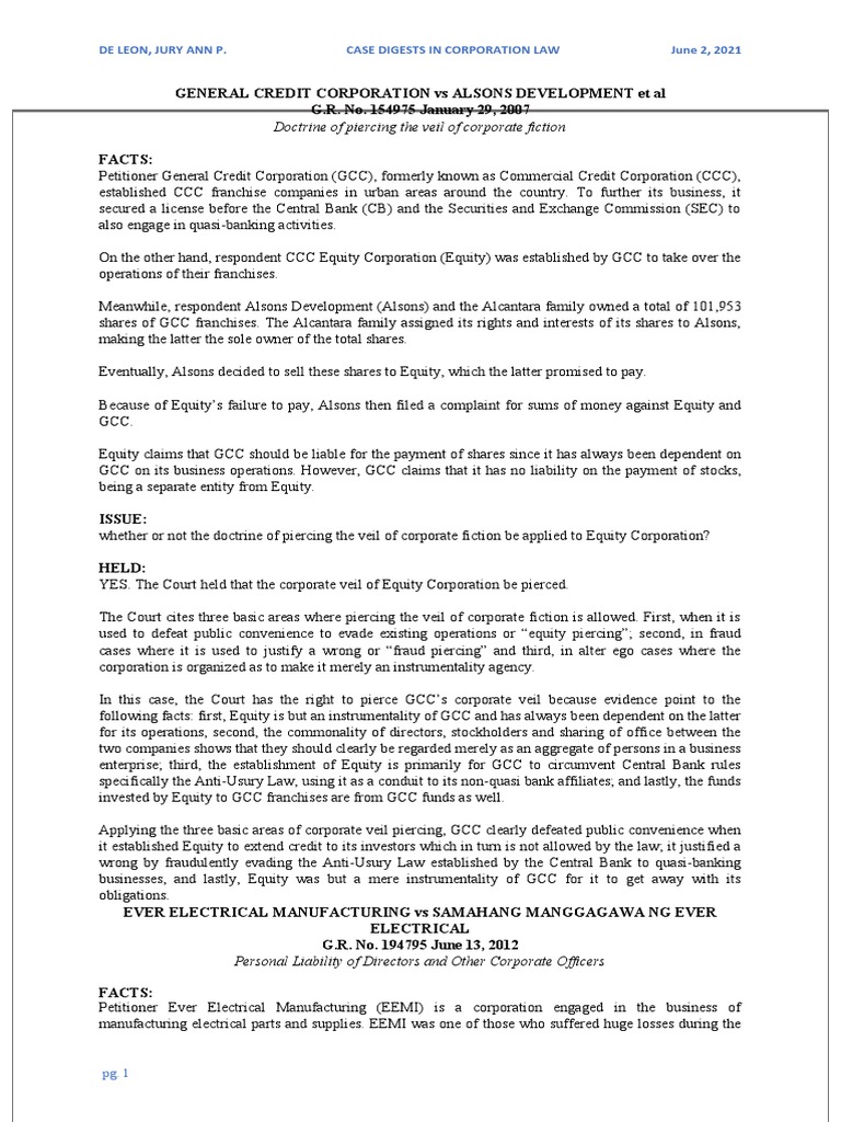 Case Digests in Corpo Law - de Leon, Jury Ann P. | PDF | Piercing The Corporate Veil | Corporations