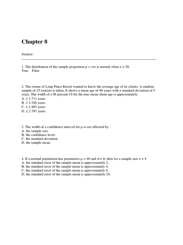 Chapter 8 - Quiz | PDF | Confidence Interval | Sample Size Determination