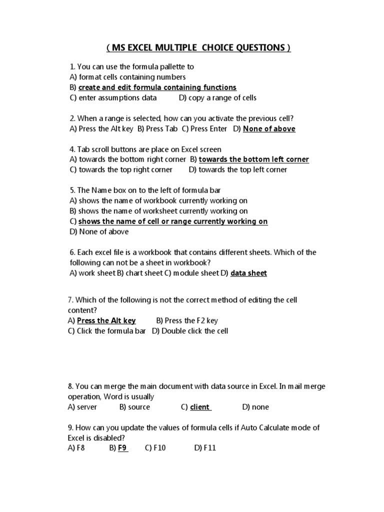 Ms Excel MCQ | PDF | Microsoft Excel | Spreadsheet