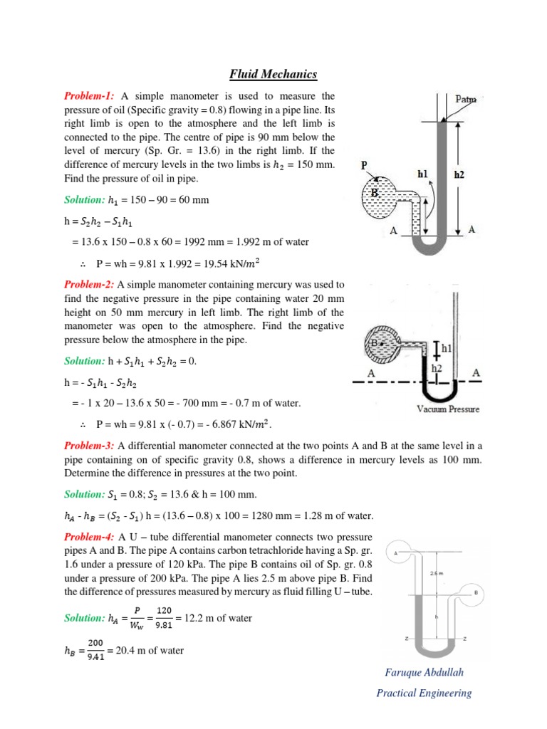 Fluid Mechanics (Problem Solution) | PDF | Pressure Measurement ...