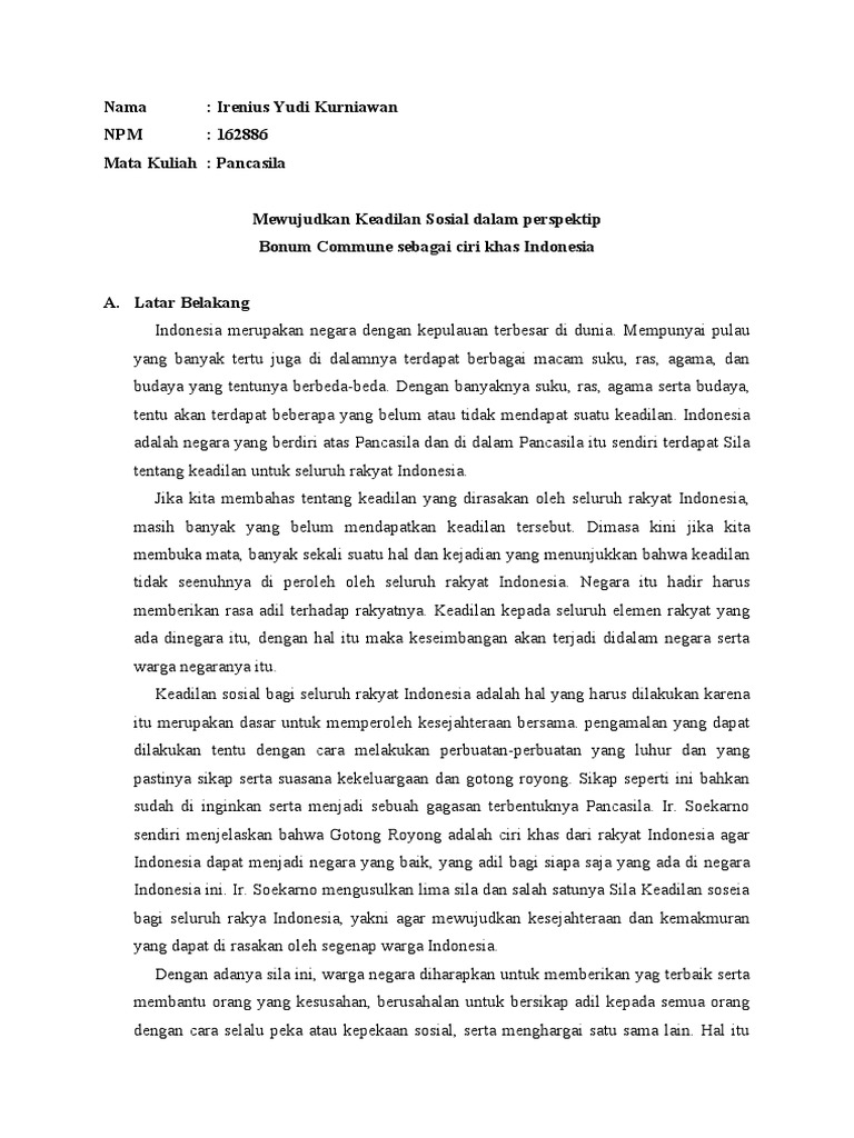 Mewujudkan Keadilan Sosial Dalam Perspektip Bonum Commune Sebagai Ciri ...
