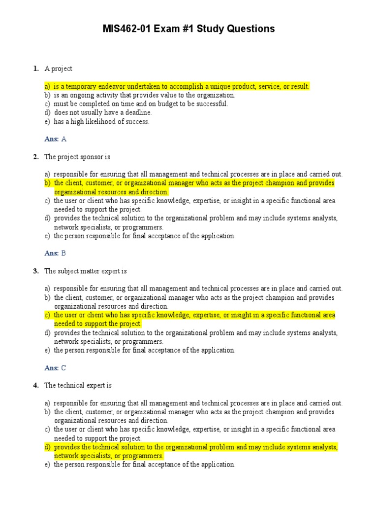 MIS462-01 Exam #1 Study Questions: 1. A Project | PDF | Project ...