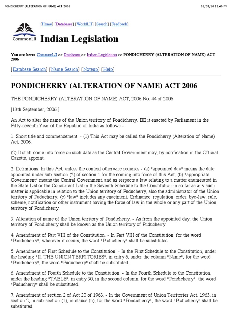 Puducherry Name Change Act 2006 | PDF | Political Charters | Government