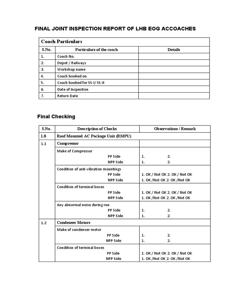 Final Joint Inspection Report of LHB Eog Accoaches Coach Particulars ...
