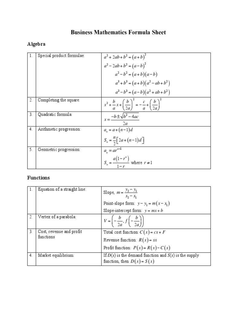 Business Mathematics - Formula Sheet | PDF | Logarithm | Exponential ...