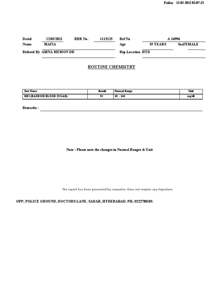 Routine Chemistry: Test Name Result Normal Range Unit Rbs (Random Blood ...