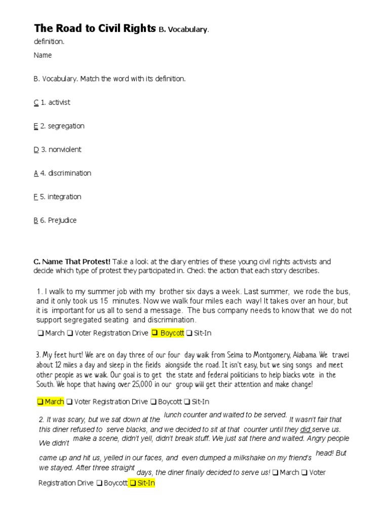 Road To Civil Rights Fillable Activities-1 | PDF | Student Nonviolent ...