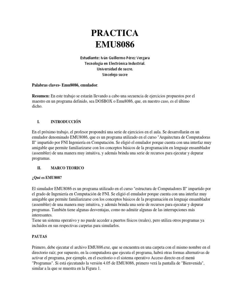 Emu 8086 Parte 1 Ivan Perez Vergara | PDF | Lenguaje ensamblador | Emulador