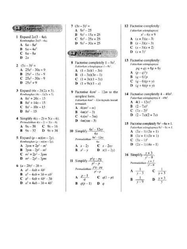 Latihan Ungkapan Algebra Form 1 Set 1 | PDF