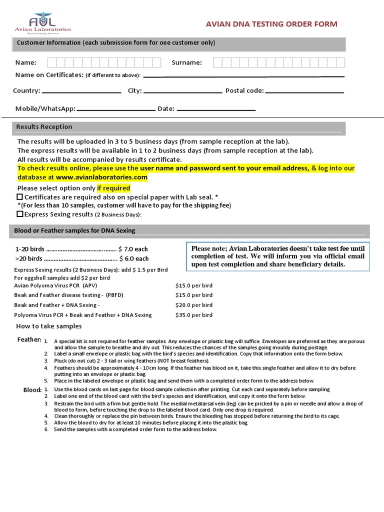 Avian DNA Testing Order Form Avian Laboratories | PDF | Birds ...