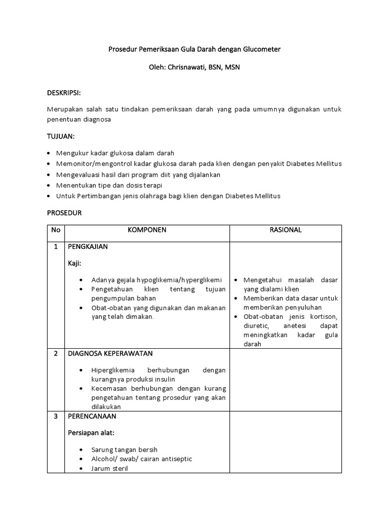 SOP Pemeriksaan Gula Darah Dengan Glucometer | PDF