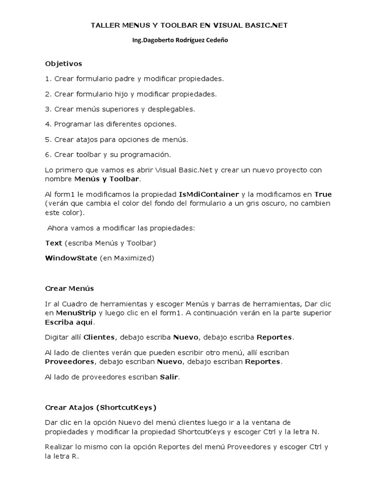 Menús y Toolbar en Visual Basic.NET | PDF | Menú (Computación) | Básico