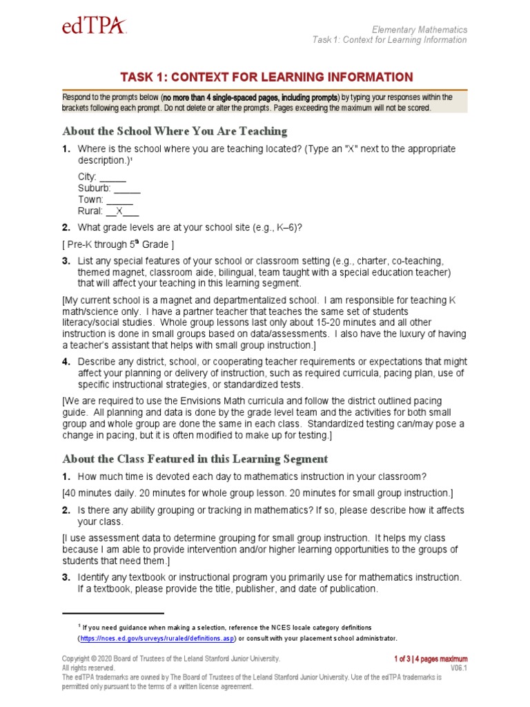 edtpa-ELEM-Math-context-for-learning-Tahtiana Brooks | PDF ...