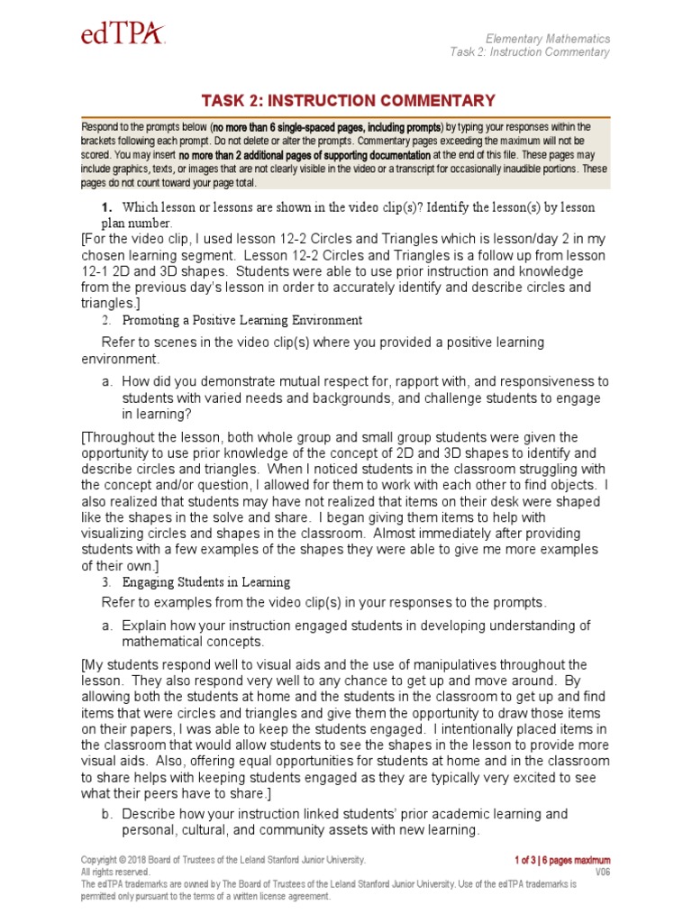 Edtpa ELEM Math Instruction Commentary | PDF | 3 D Computer Graphics ...