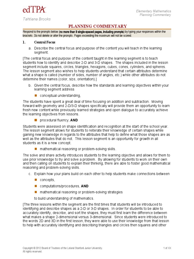 Edtpa ELEM Math Planning Commentary | PDF | Shape | Educational Assessment