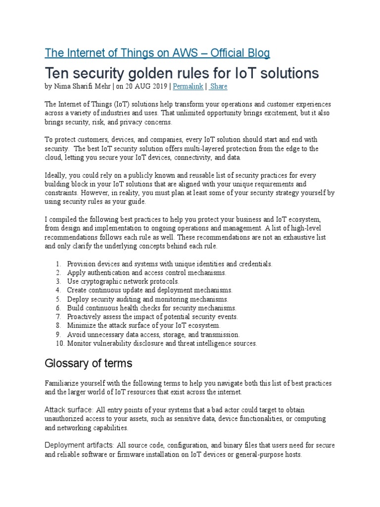 Ten Golden Rules for Securing IoT Solutions | PDF | Internet Of Things | Cryptography