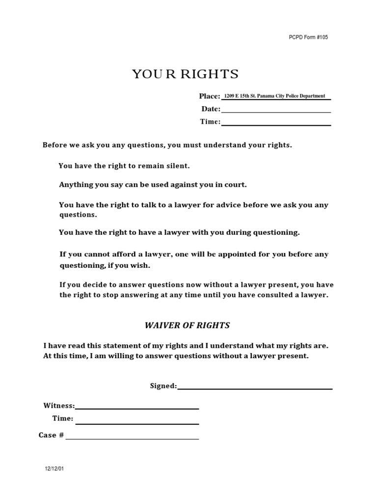 Miranda Rights and Waiver Form | PDF