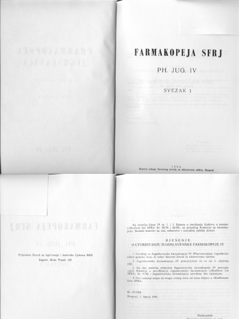 Farmakopeja SFRJ PH Yug IV Svezak 1 1991 | PDF