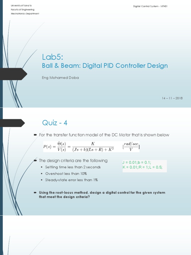 Lab5 - Ball & Beam Digital PID Controller Design - 14-11-2018 | PDF | Control Theory | Analysis