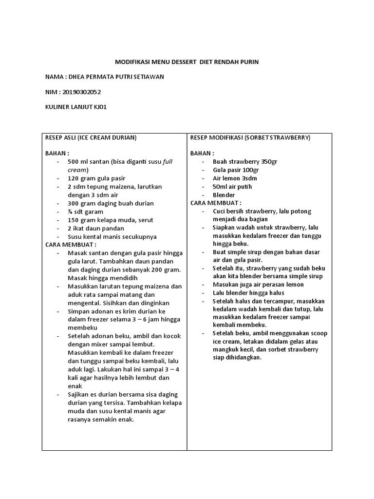 Modifikasi Menu Dessert Diet Rendah Purin | PDF
