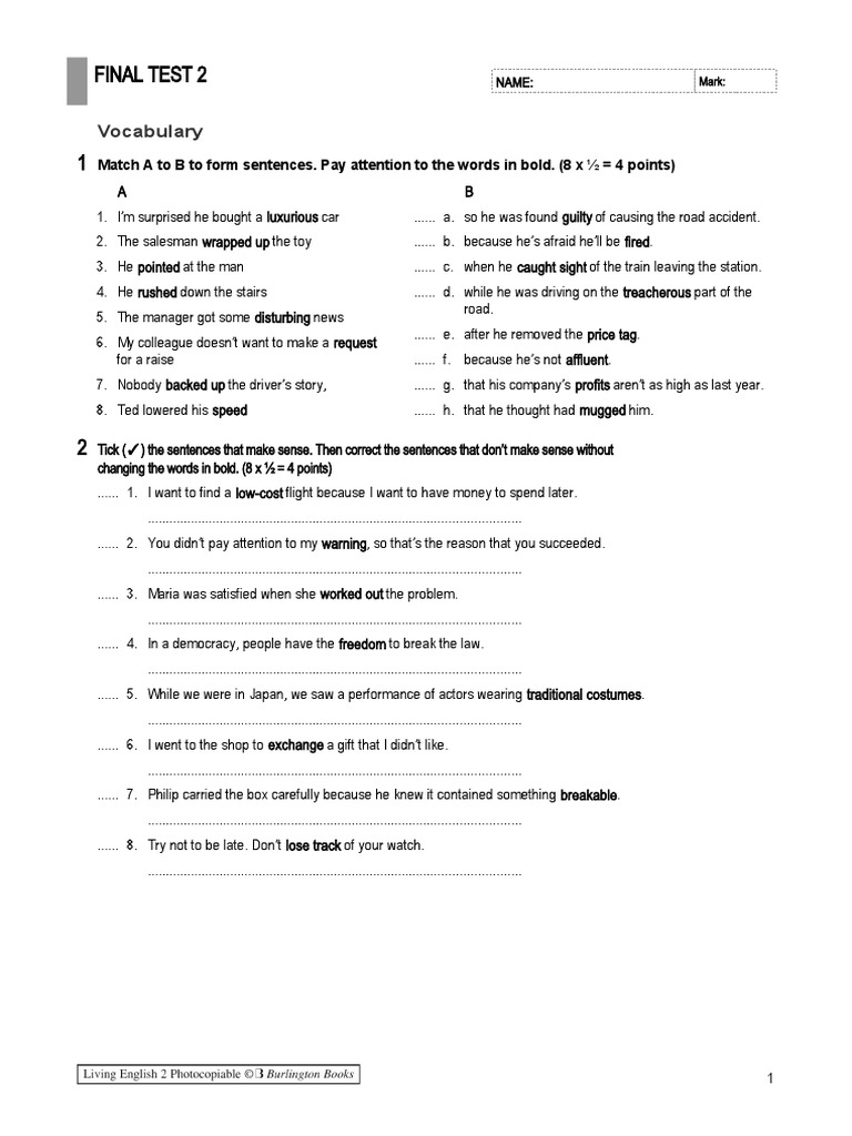 Vocabulary and Grammar Test Exercises | PDF | E Bay