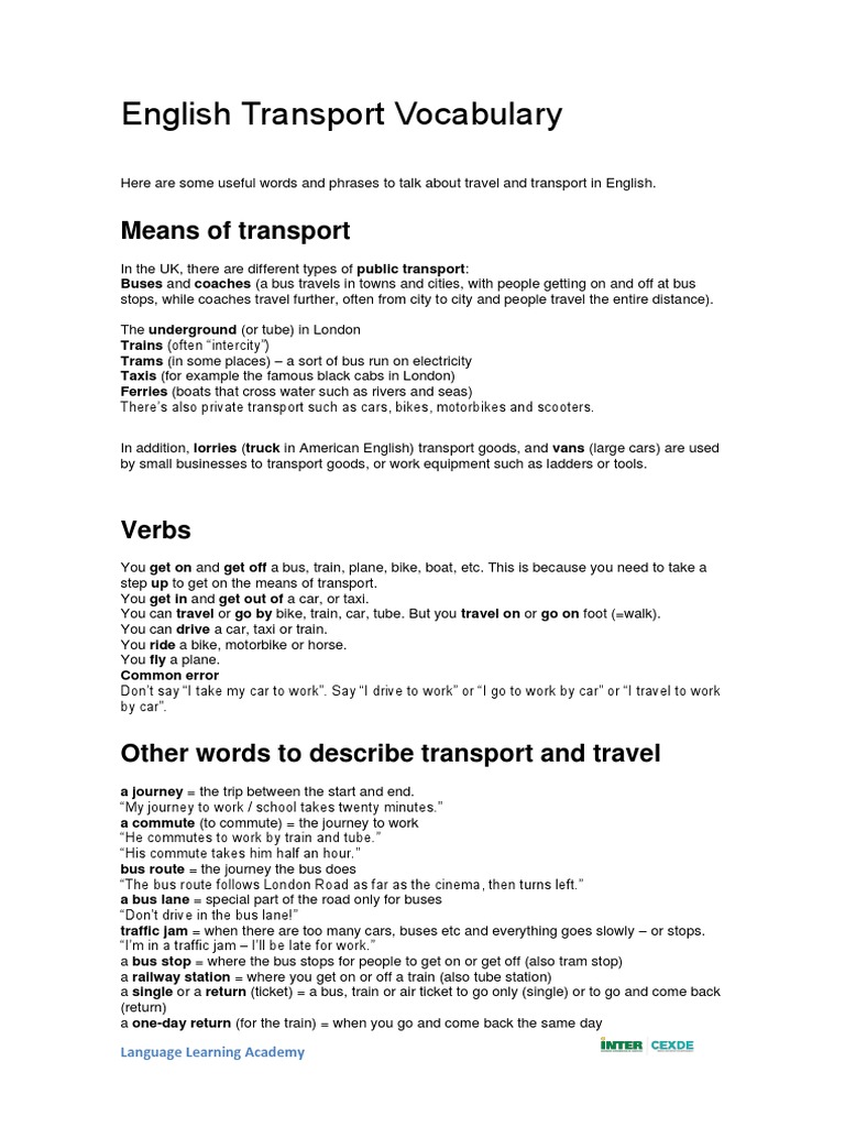 Learn English Transport Vocabulary