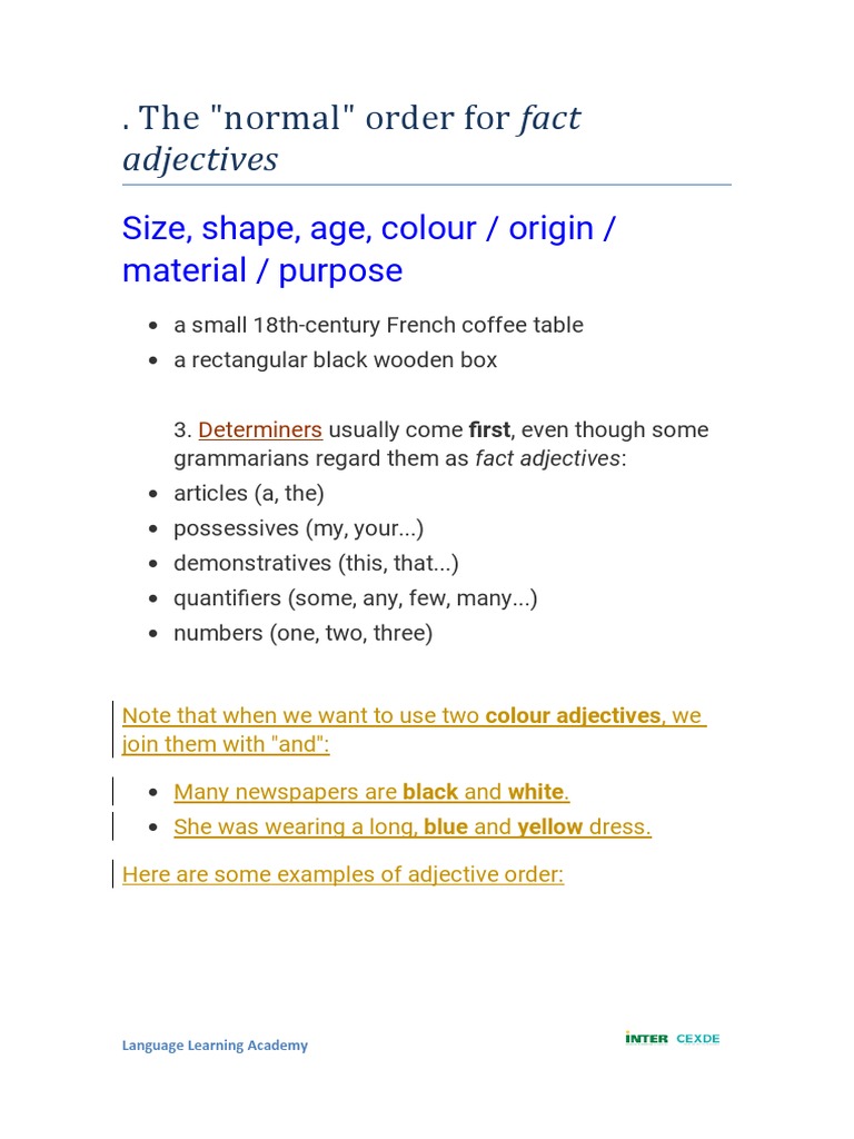 Adjectives: - The "Normal" Order For Fact | PDF | Adjective | Linguistics