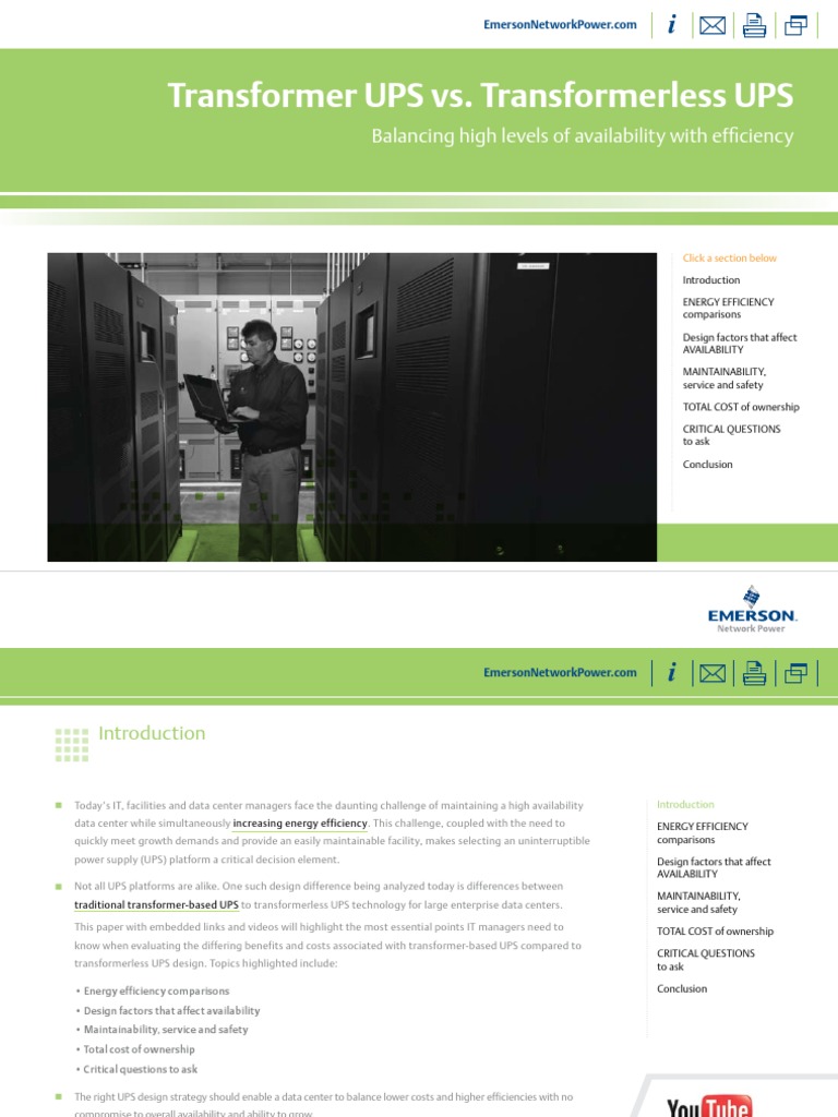 Emerson - Transformer UPS Vs Transformerless UPS | PDF | Data Center | Reliability Engineering