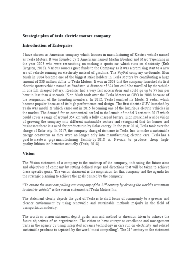 Strategic Plan of Tesla Motors Company | PDF | Electric Vehicle ...