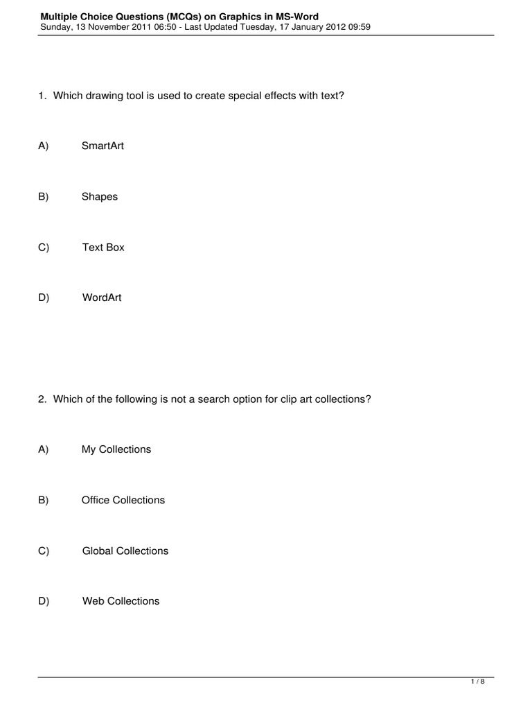 Multiple Choice Questions Mcqs On Graphics in Ms Word | PDF | Computer ...