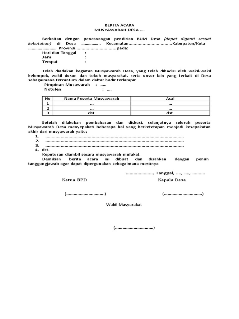 CONTOH BERITA ACARA MUSDES (Permendes 3) | PDF