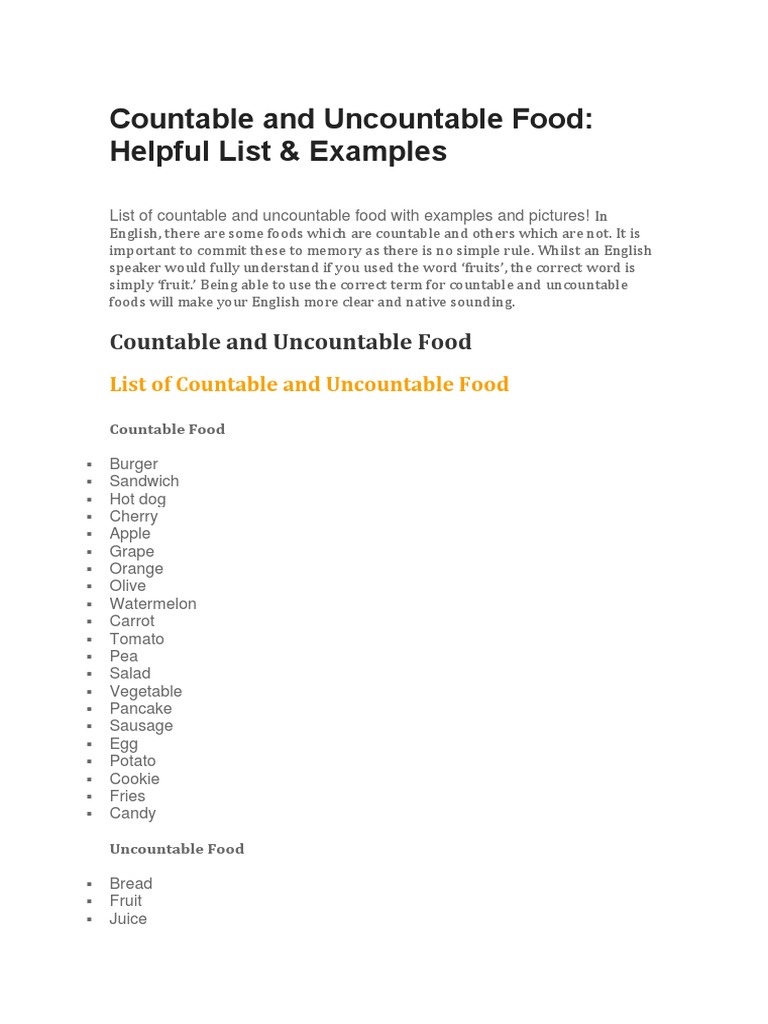 Countable and Uncountable Foods Guide | PDF | Pancake | European Cuisine