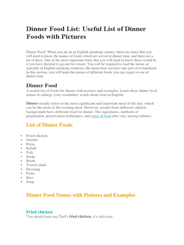 Dinner Food List: Useful List of Dinner Foods With Pictures | PDF