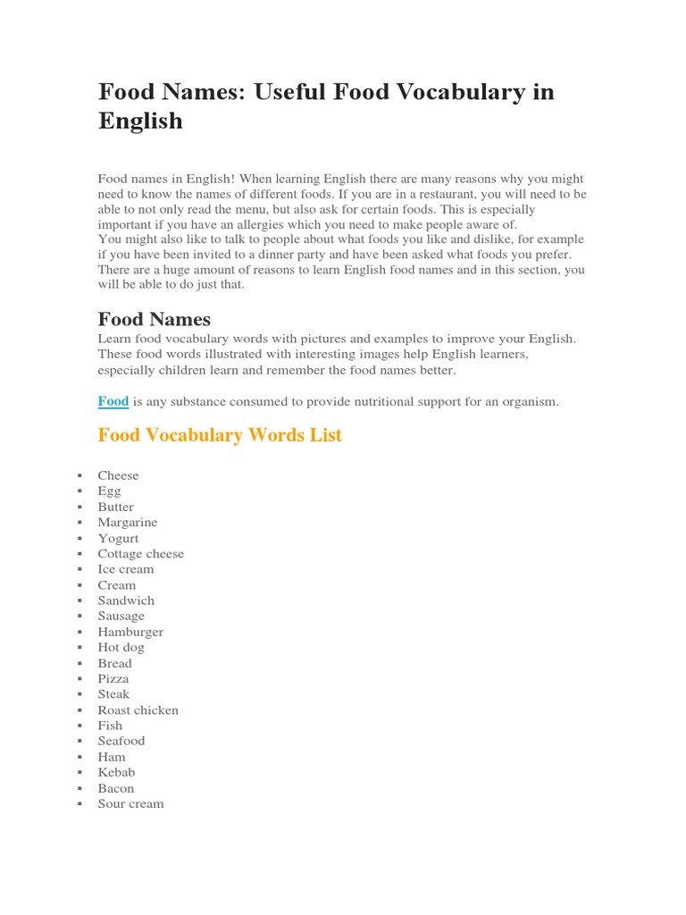 Food Names: Useful Food Vocabulary in English | PDF | Hamburgers | Sandwich