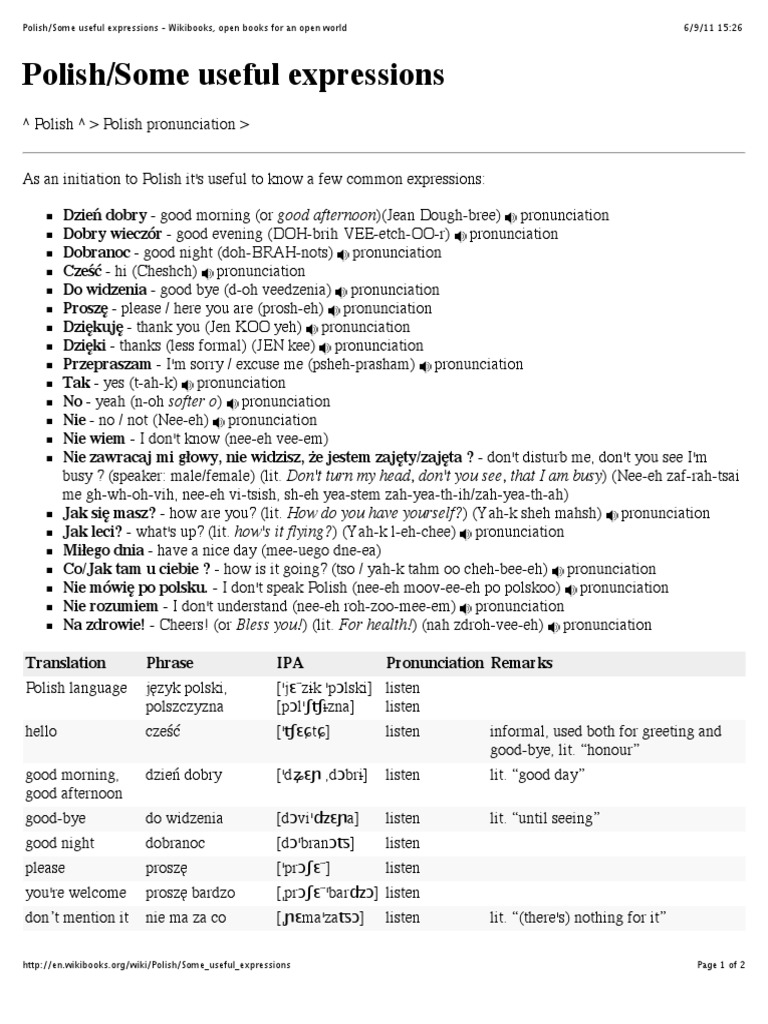 Polish:Some Useful Expressions | PDF | Human Communication | Linguistics
