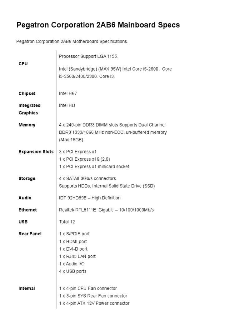 Pegatron 2AB6 Motherboard Specs | PDF