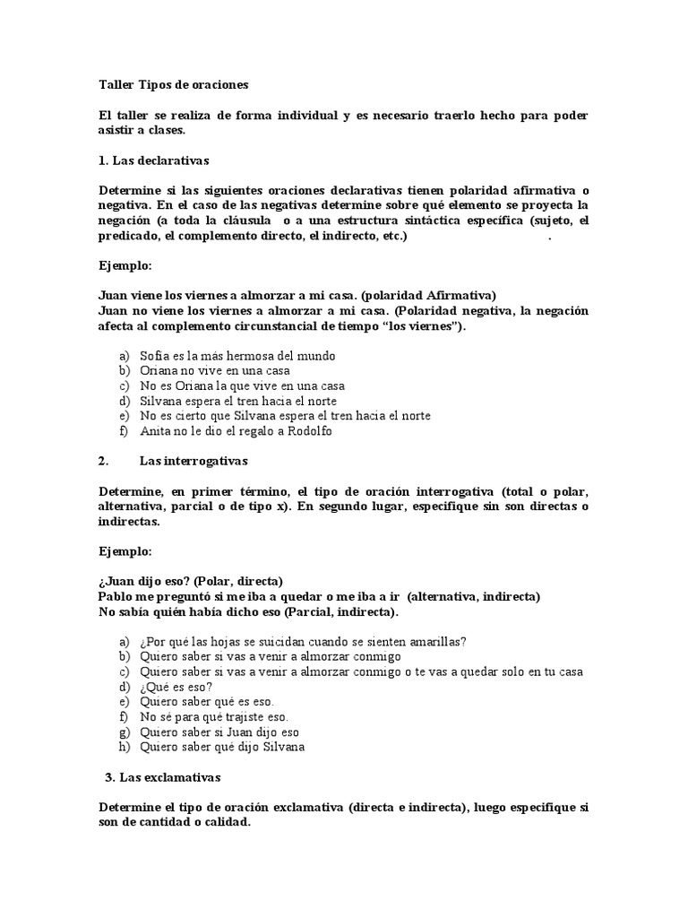 Taller sobre Tipos de Oraciones | PDF | Oración (Lingüística ...