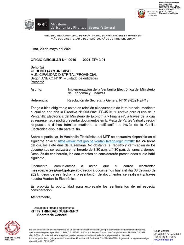 Oficio Circular #0016-2021-Ef-13.01 | PDF | Science | Ciencia y Tecnología