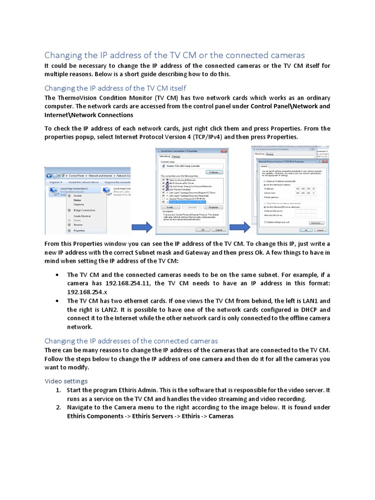 Changing The IP Address of The TV CM or The Connected Cameras | PDF | Ip Address | Computer Network