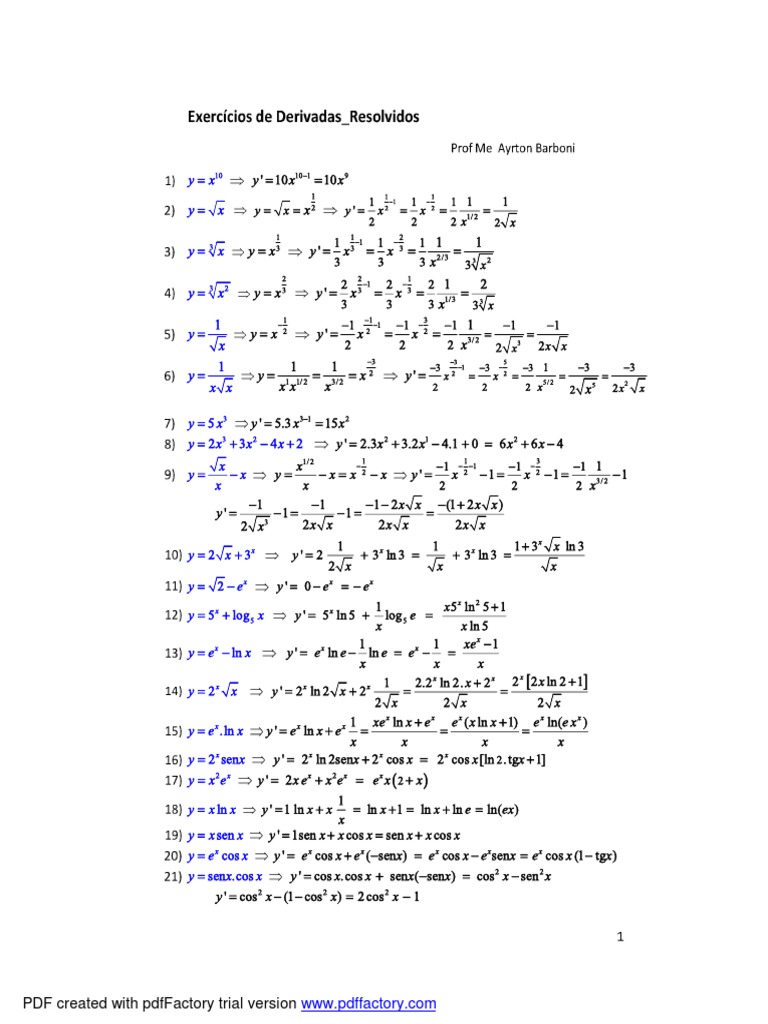 01 Exercicios de Derivadas Resolvidos | PDF