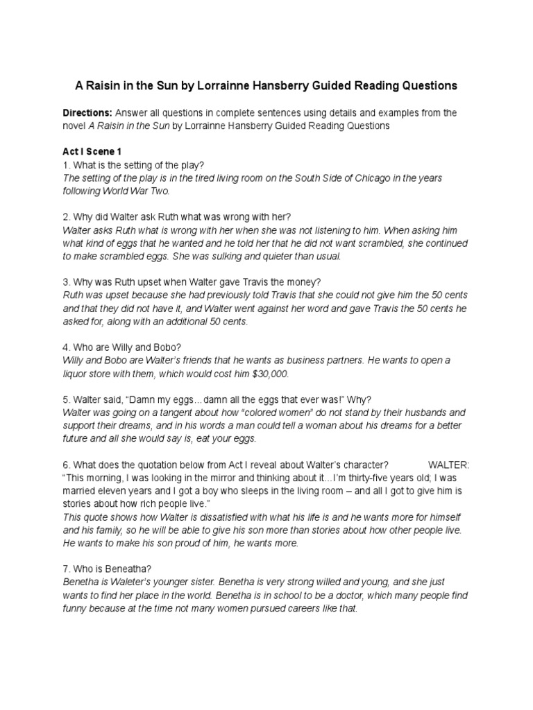 Guided Questions for A Raisin in the Sun | PDF