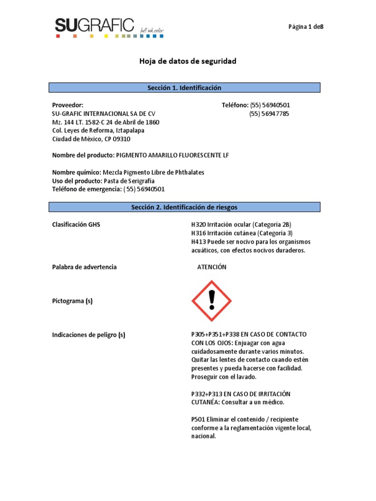 SDS Pig. Amarillo Fluor LF | PDF | Formaldehído | Administración de ...