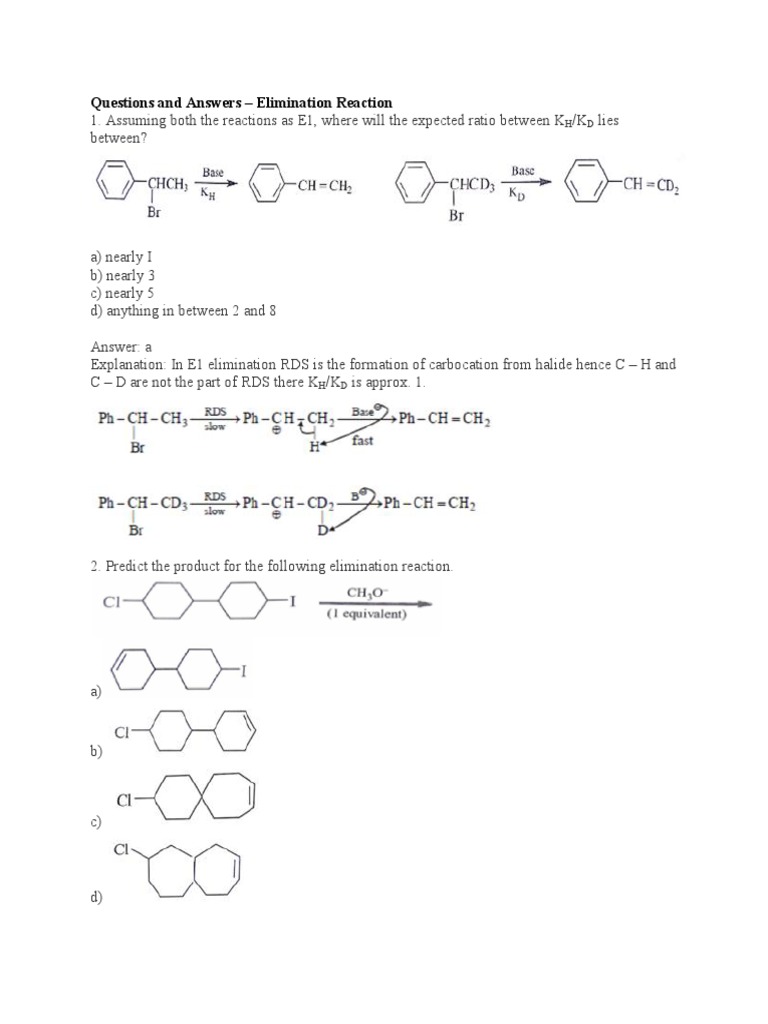 Questions and Answers - Elimination Reaction | PDF | Chemical Reactions ...