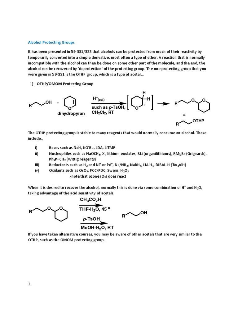 Alcohol Protecting Groups: OTHP/OMOM Protecting Group | PDF | Ether | Chemical Reactions