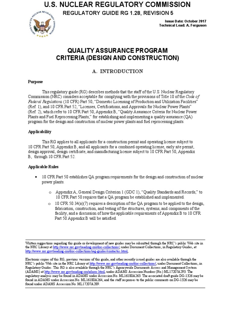 Regulatory Guide 1.28 (Rev.5) | PDF | Nuclear Regulatory Commission ...